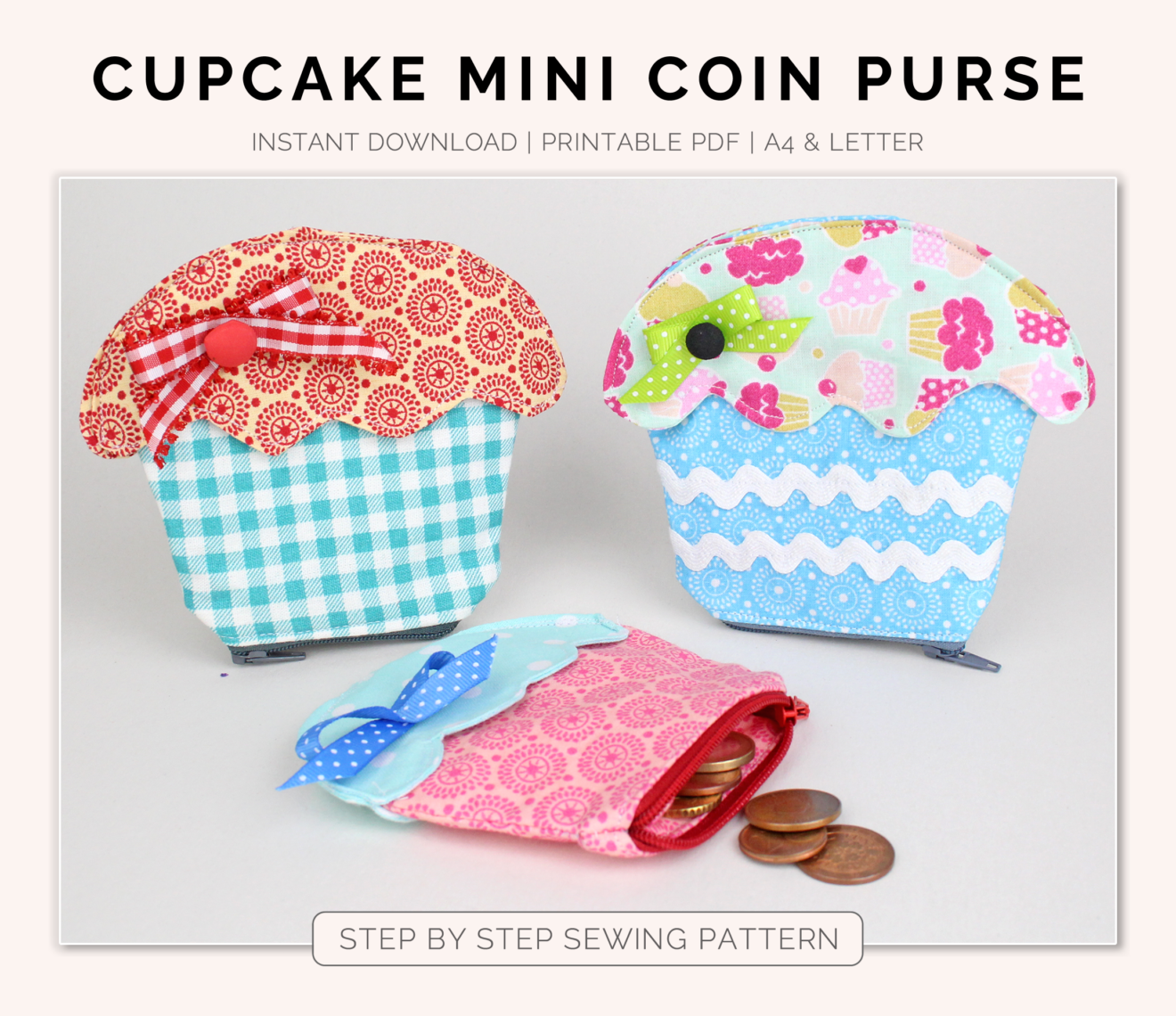 Cupcake Mini Coin Purse easy sewing pattern Pouch tutorial for beginner