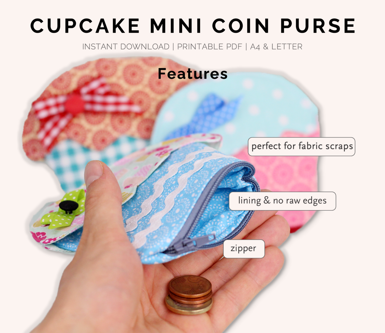 Cupcake Mini Coin Purse easy sewing pattern Pouch tutorial for beginner
