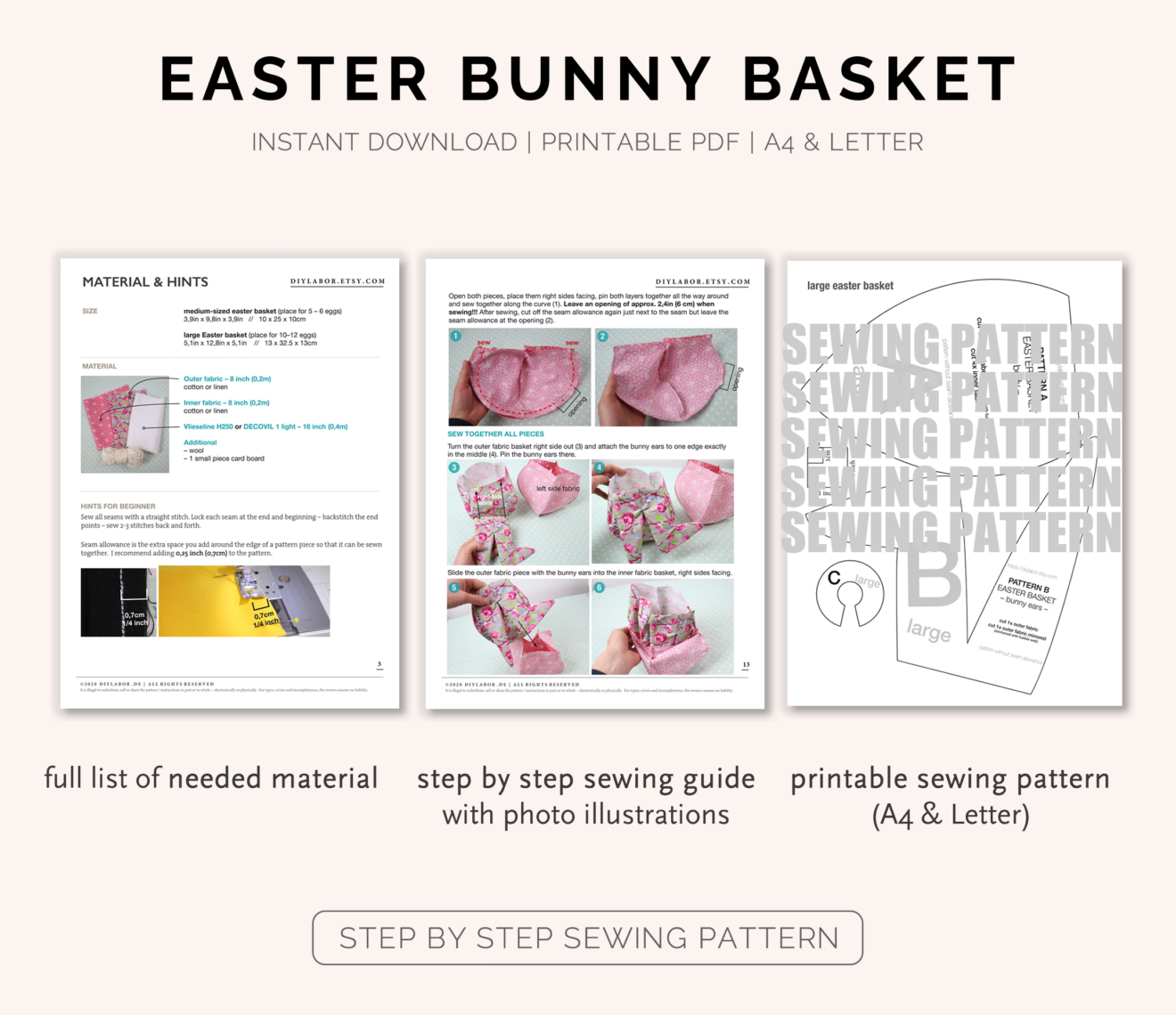 Easter Basket Sewing Pattern Bunny Treat Bag fabric PDF template spring ...